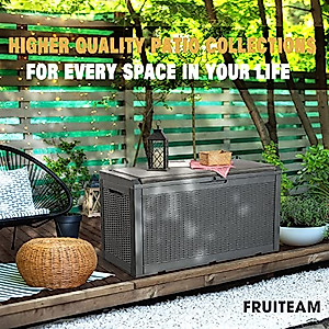 FRUITEAM 100 Gallon Patio Deck Box Outdoor Storage Box with Soft Cushion, Lockable Resin Storage Bin Weather Resistant for Patio Furniture Pillows, Pool Toys, Garden Tools