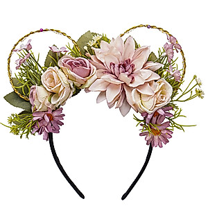 VISSTREE Led Mouse Ears Flower Headband Crown for Adult Women Girls Park, Light Up Mouses Ears Headwear for Animal Theme Wedding Party Daily Park Birthday Baby Shower Halloween Photoshoot Accessories