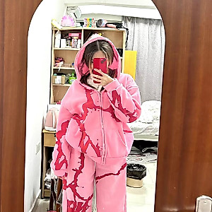 PLAYPUNK Full Zip Hoodie Y2k Pink Spider Pullover Vintage Graphic Hoodies Oversized Sweatshirt Goth Grunge Punk Jacket