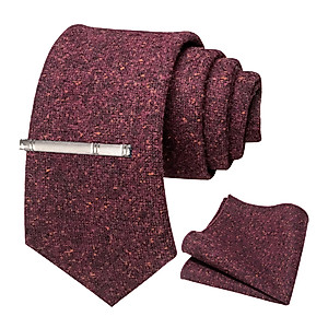 JEMYGINS Burgundy Cashmere Wool Necktie and Pocket Square, Hankerchief and Tie Clip Sets for Men (4)