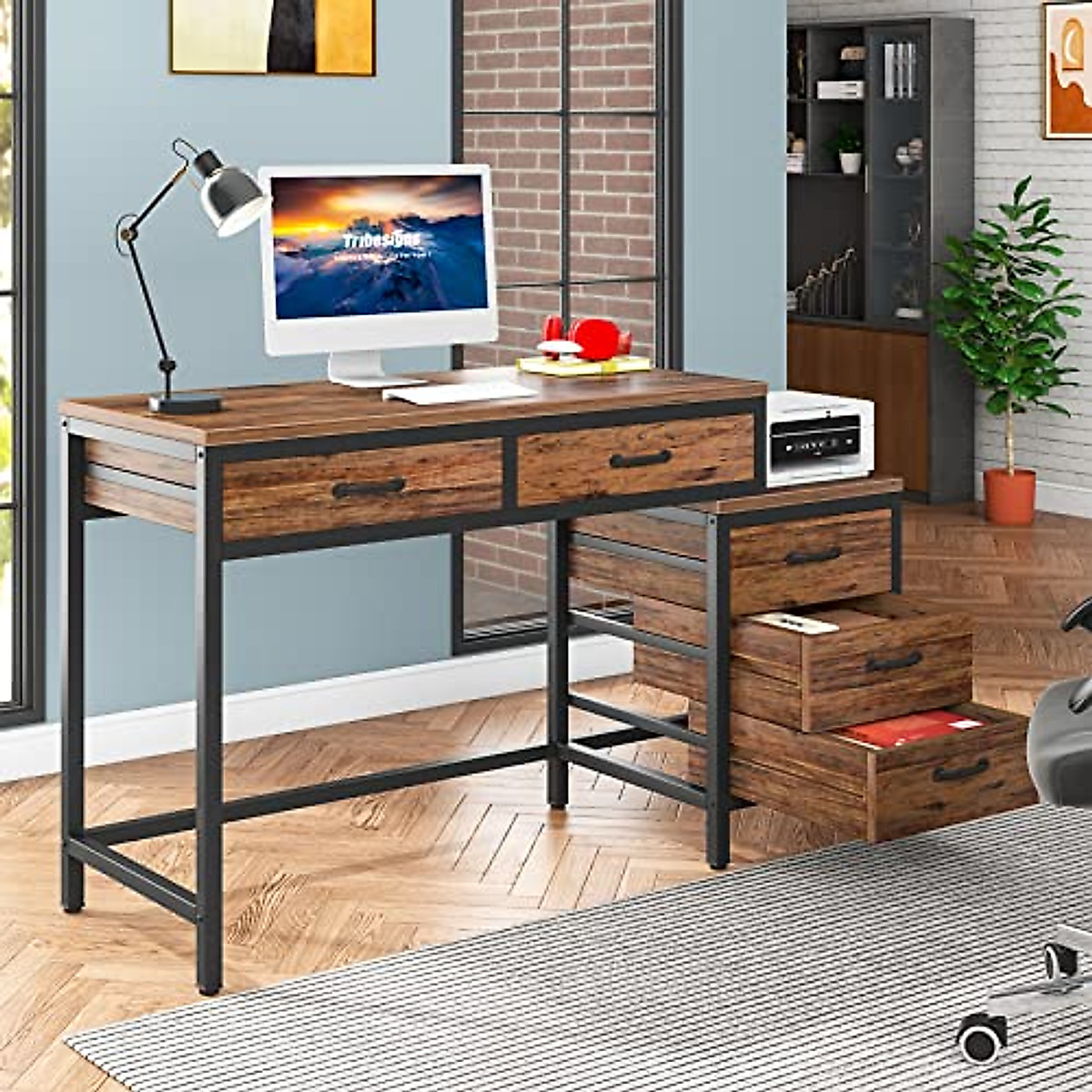 Tribesigns Computer Desk with 5 Drawers, Home Office Desks with Reversible Drawer Cabinet Printer Stand, Industrial PC Desk with Storage, Rustic Study Writing Table Workstation for Small Spaces