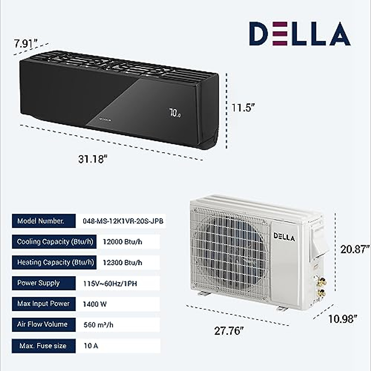 DELLA 12000 BTU Mini Split 20 SEER2 Cools Up to 550 Sq.Ft Energy Saving Wifi Split Air Conditioner & Heater Ductless Pre-Charged Inverter System with 1 Ton Heat Pump(JPB Series with R32 refrigerant)