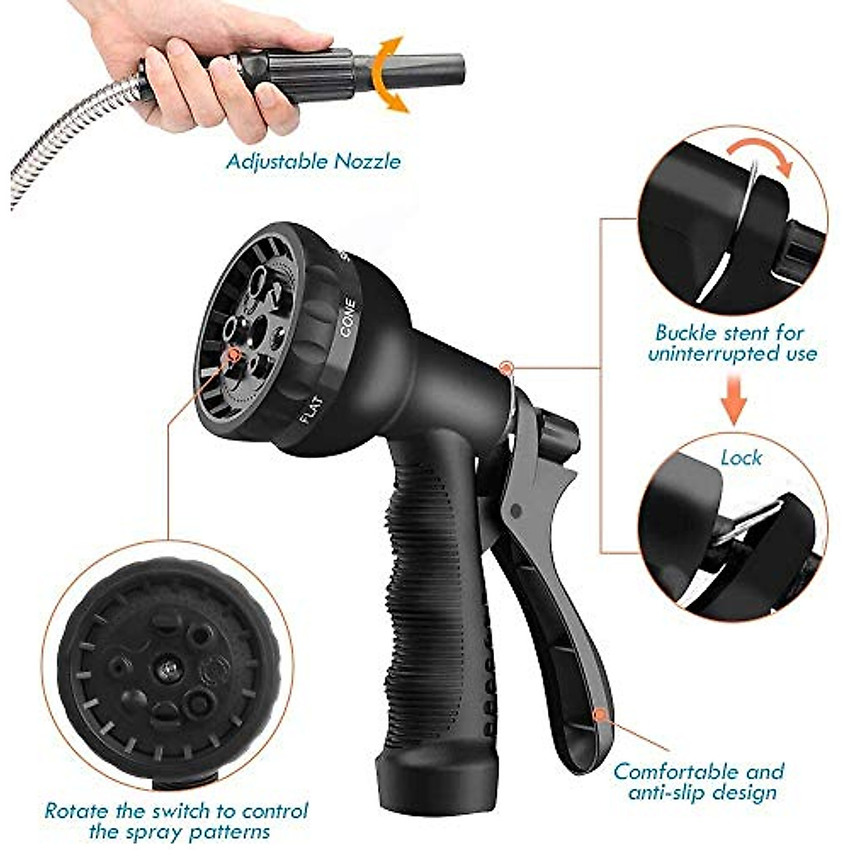 MultiOutools 304 Stainless Steel Garden Hose 50FT Metal Water Hose with 2 Free Nozzles Heavy Duty Flexible Metal Garden Hose 8 Functions Spray Nozzle Lightweight Durable Kink Free Outdoor Hose