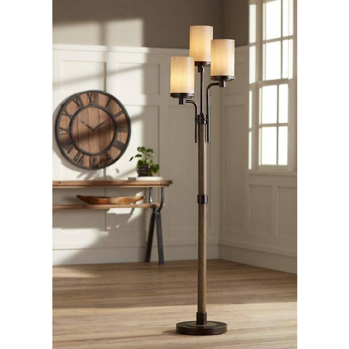 Franklin Iron Works Astoria Rustic Farmhouse Industrial Standing Floor Lamp Tree 3-Light 71" Tall Bronze Faux Wood Faux Tea Alabaster Glass for Living Room Reading House Bedroom Home Office