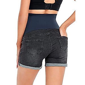 HOFISH Women's Over The Belly Maternity Shorts Support Pregnancy Shorts Breathable Jeans Shorts LightBlue+Black L