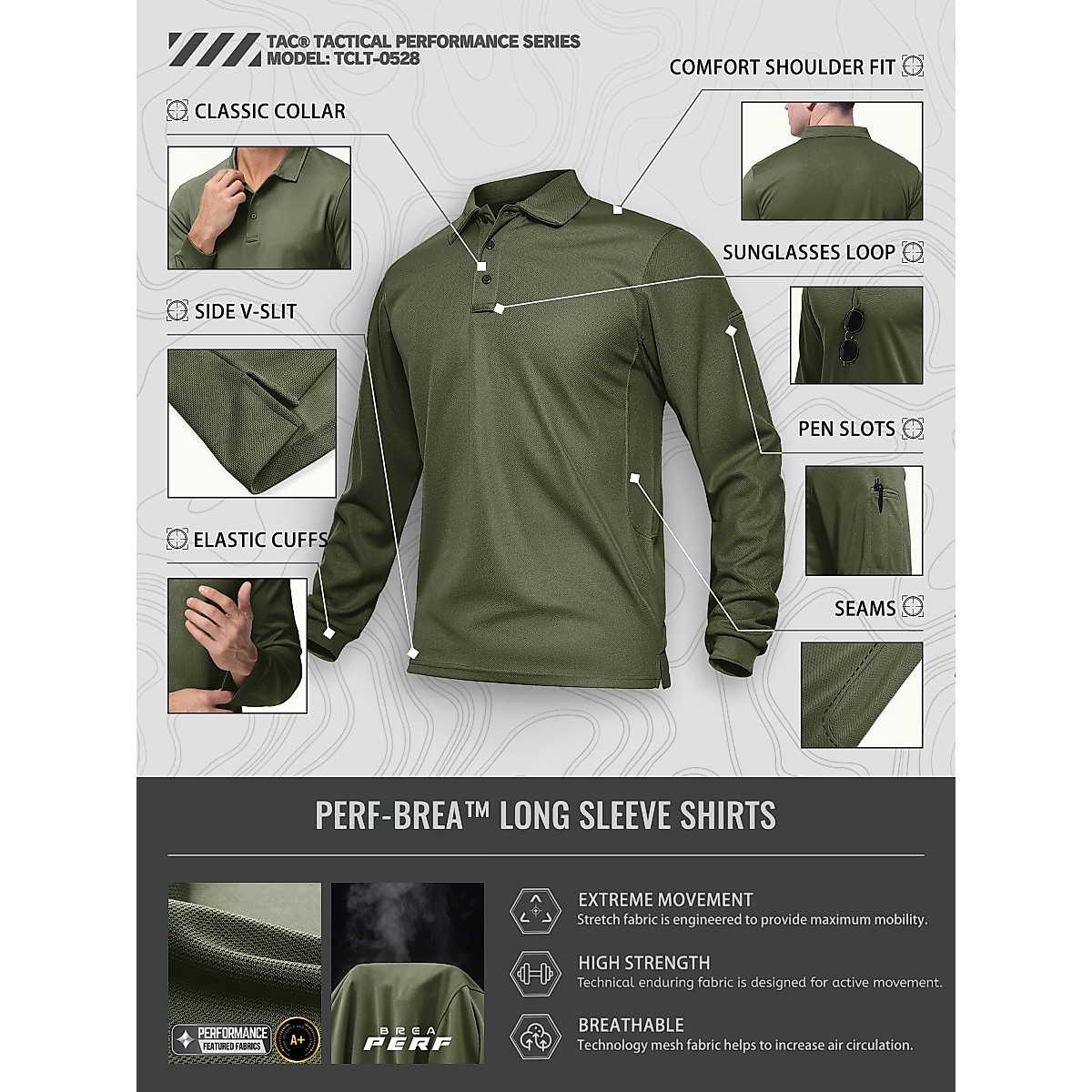 TACVASEN Long Sleeve Shirts for Men Tactical Performance Polo Shirts with Collar Quick Dry Fit Lightweight Work Shirts Workout Golf Army Green S