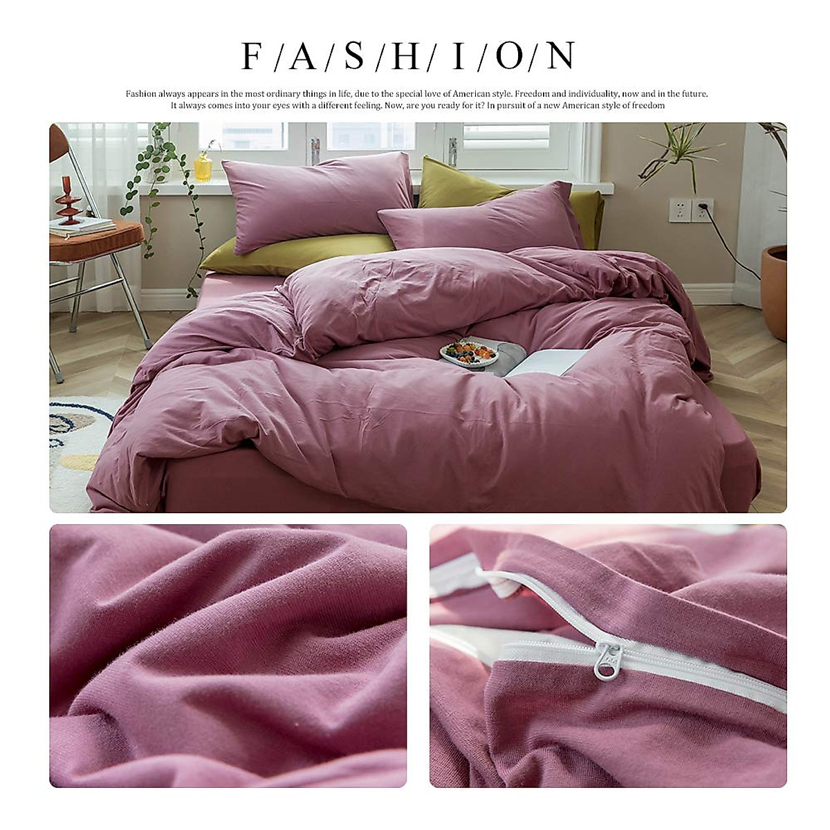 AMWAN Solid Purple Duvet Cover Queen Pale Mauve Solid Color Bedding Set Jersey Knit Cotton Comforter Cover Hotel Quality Solid Purple Comforter Cover for Kids Girl Women 1 Duvet Cover 2 Pillowcases