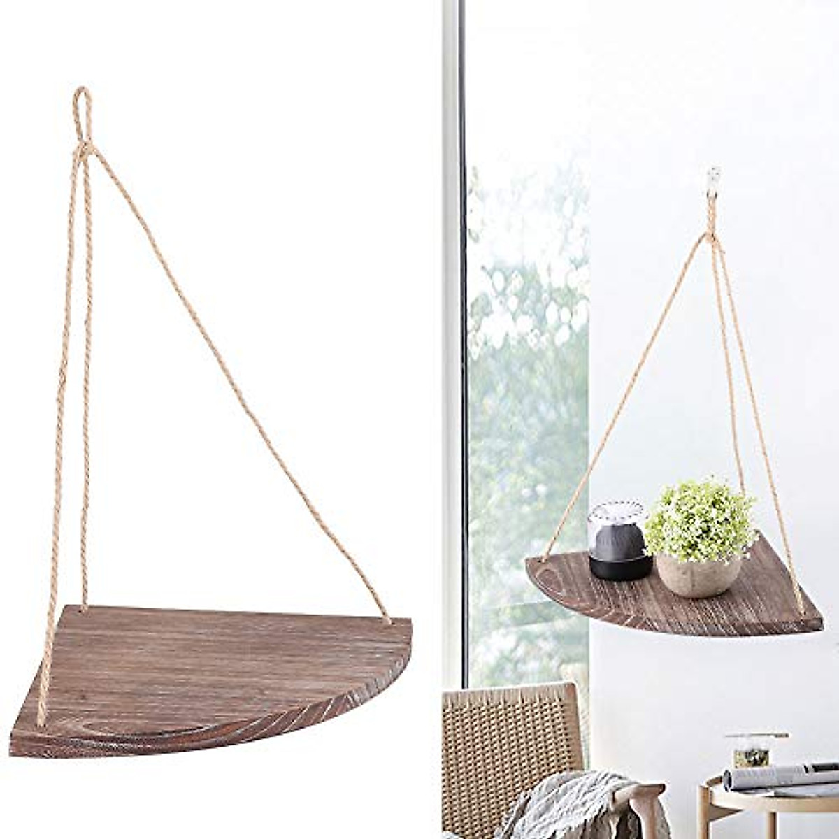 Ymiko Wall Hanging Wooden Display Corner Shelf Fan‑Shaped Floating Shelves Storage Rack with Hemp Rope for Home Decoration Photo Display (Antique)