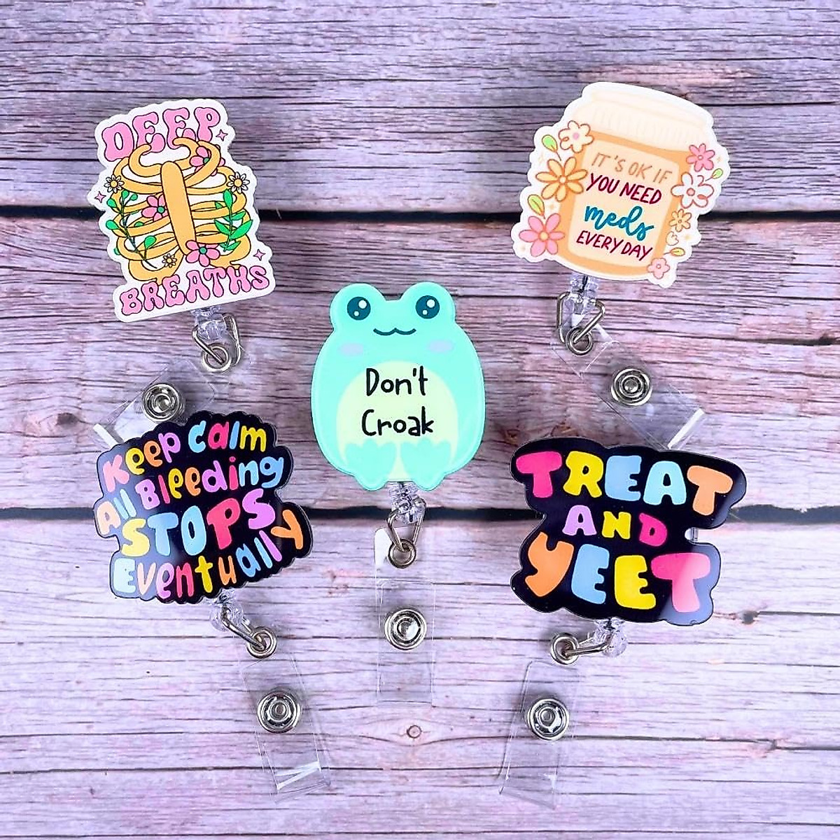 YJ PREMIUMS 5 PC Funny Cute Nurse Badge Reel Retractable Holder Clip for Nurses Nursing Student CNA RN LPN MA Medical Assistant Pharmacy X-Ray Treat Yeet Don’t Croak Keep Calm Accessories