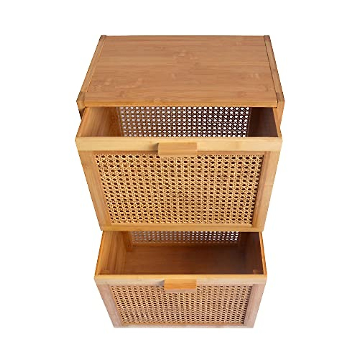 2-Shelf Storage Drawers, a Combination of Rattan-Weaved Basket and Natural Bamboo, Light Weight Night Stand