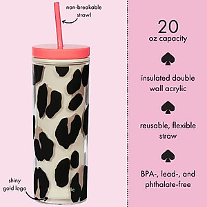 Kate Spade New York Insulated Tumbler with Reusable Straw, Leopard Print 20 Ounce Acrylic Travel Cup with Lid, Forest Feline