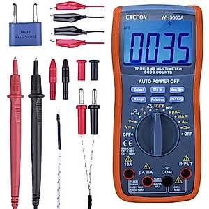 ETEPON Digital Multimeter True RMS 6000 Auto Raging Voltage Tester,Measures Voltage,Current, Resistance,Continuity,Frequency,Capacitance,Temperature,Test Diodes,Transistors WH5000A (Yellow)