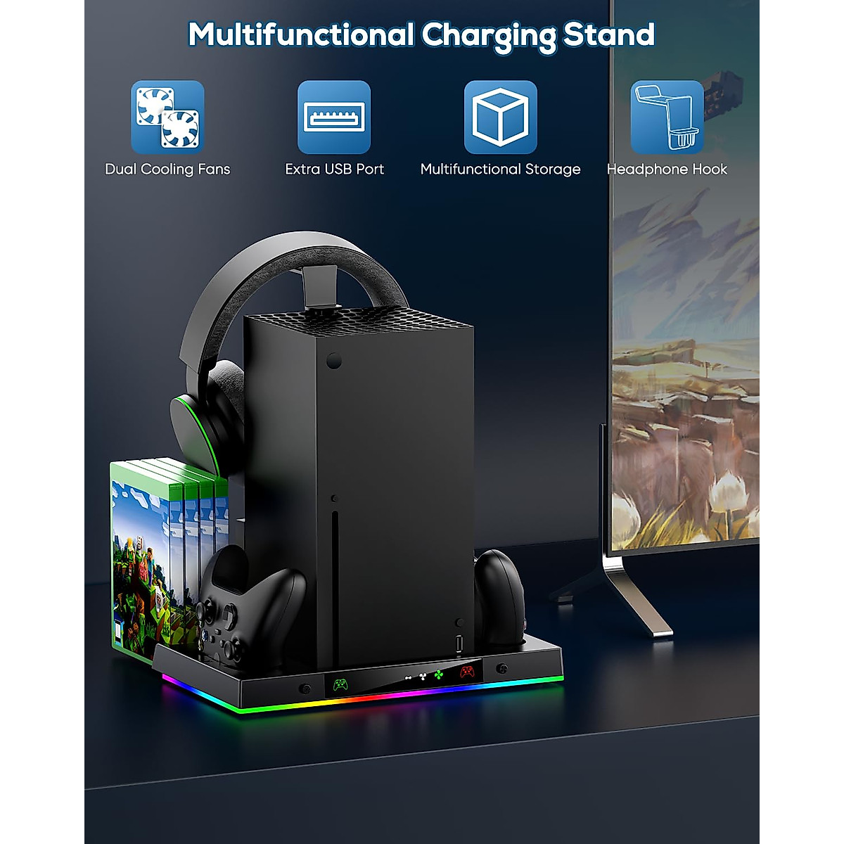 Upgrade Cooling Fan & Dual Charging Stand for Xbox Series X Console & Controller,Cooler Charger Station System for Series X with 15 RGB Lights,2 x 1400mAh Rechargeable Battery,Disc Accessories Storage