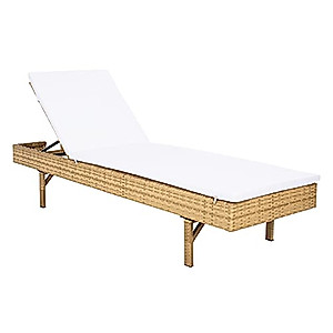 SAFAVIEH Outdoor Collection Cam Natural Brown Wicker/White Cushion Adjustable Chaise Lounge Chair, Black/Beige (PAT7501D)