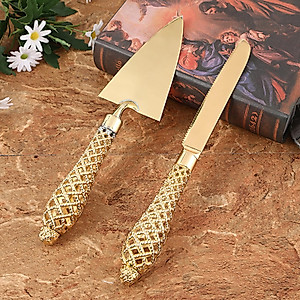 Vintage Engraved Gold Cake Knife and Server Set, Elegant Cake Cutter and Serving Spatula Set, for Wedding, Birthday, Thanksgiving, and Christmas Celebrations