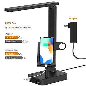 Drevet 3 in 1 LED Desk Table Lamp with Cell Phone Holder and Apple Watch Charger Stand, Eye-Caring Foldable Desk Light with USB Charging Port, 3 Level Brightness, Memory Function, Touch Control, Black