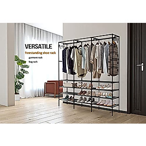 Kertnic 4-Tier Shoe Rack Storage Organizer for Entryway, Free Standing Black Shoes Rack and Boots Racks, Versatile Shoe Shelf Stand with Coat Hanging Garment Rack for Bedroom
