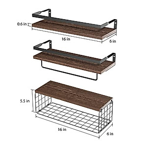 Floating Shelves with Storage Basket, Bathroom Shelves Over Toilet Paper Holder Storage Shelves, Wall Mounted Rustic Wood Shelves for Bathroom, Bedroom, Living Room, Kitchen(Brown, Set of 3)