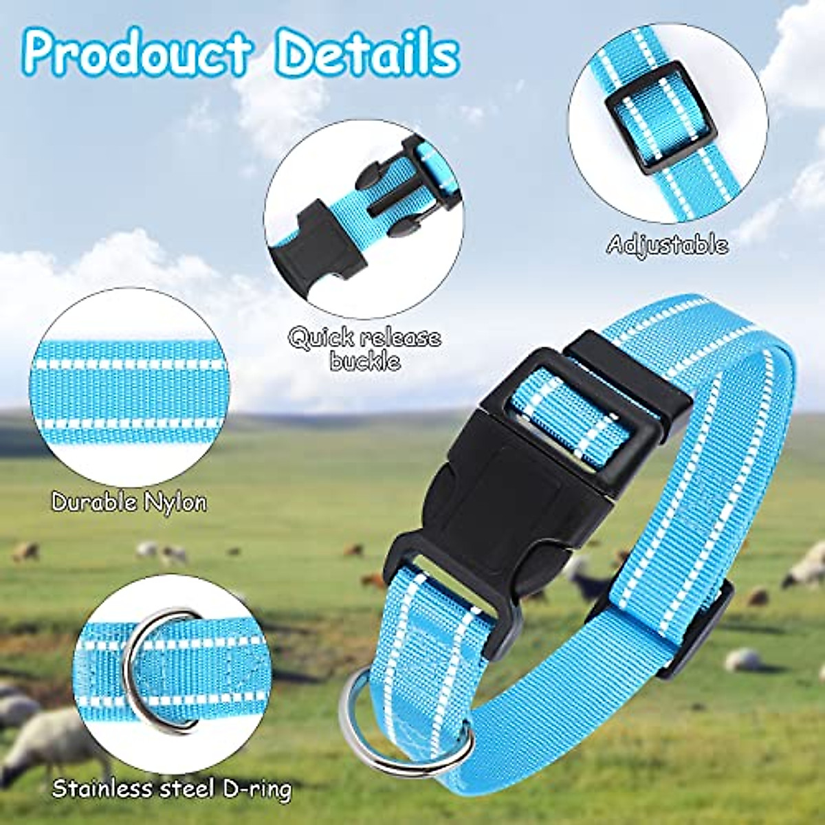 GINDOOR 5 Pack Reflective Goat Collars with Bells, Cow Horse Sheep Grazing Copper Bells and Adjustable Nylon Collar Set Pet Anti-Lost Loud Bronze Bell for Small Farm Animal Goat Sheep Cow Accessories