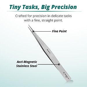Excelta Straight Medium Point Tweezers, Anti-Magnetic Stainless Steel, Ideal for General Purpose Use, 5” Length, Intermediate
