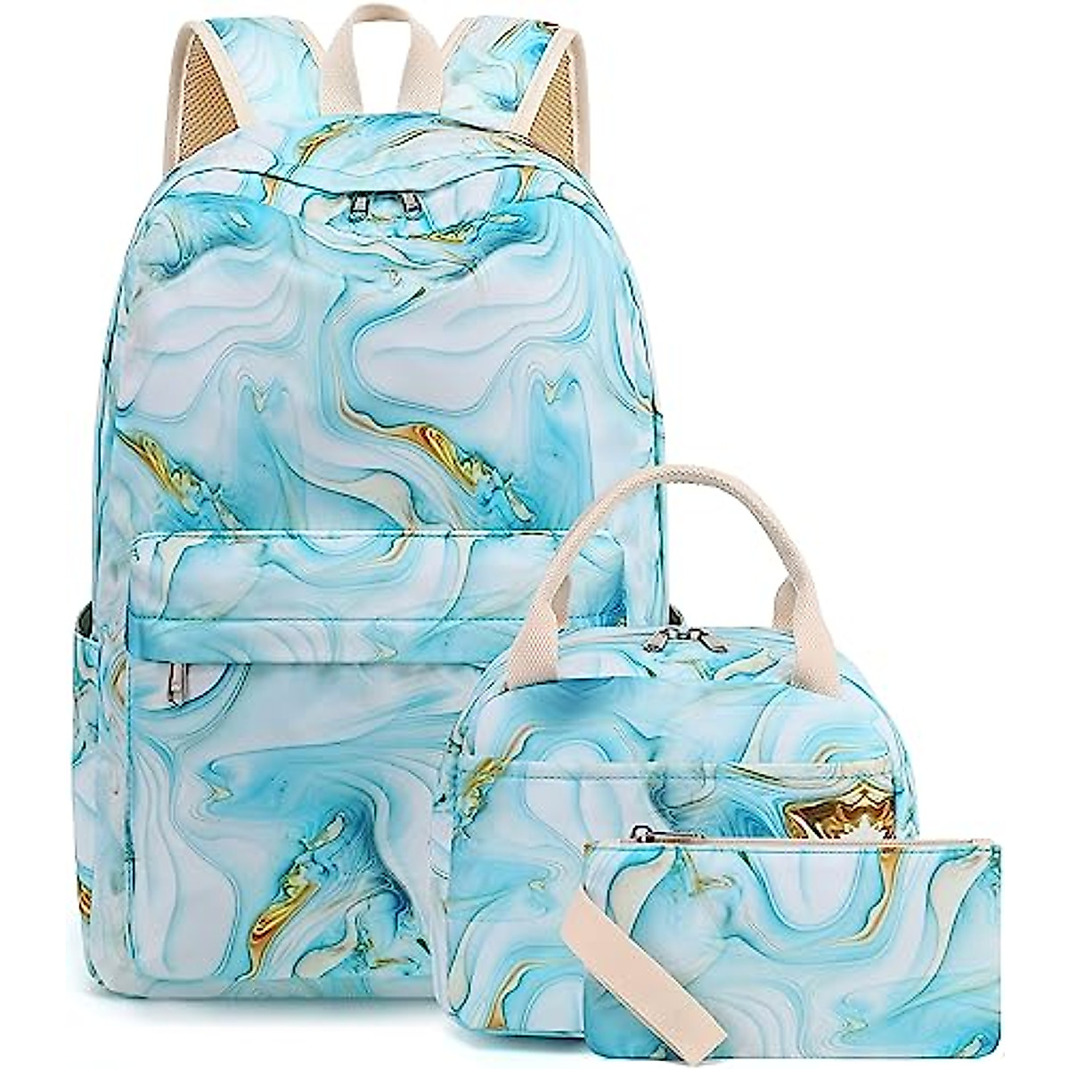 School Backpack Girls Blue Marble Bookbag Teens Water-resistant Schoolbag Kids Insulation Lunch Bag and Pencil Case