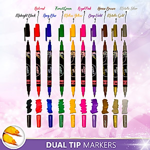 Looney Zoo Temporary Tattoo Markers for Skin, 10 Body Markers + 20 Large Tattoo Stencils for Kids and Adults, Dual-End Pens Make Bold and Fine Lines with Cosmetic-Grade Temporary Tattoo Ink