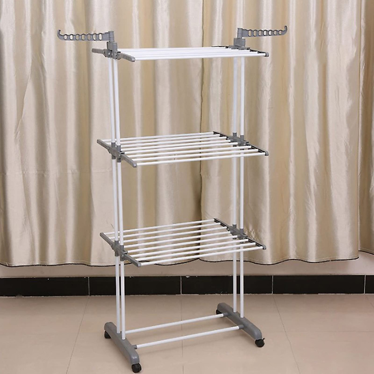TOLUON Clothes Drying Rack, Movable Drying Rack with 4 castors, 3 Tier Clothes Horses Rack, Laundry Garment Dryer Stand with Two Side Wings for Home (Grey)