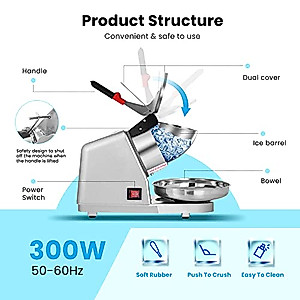 VIVOHOME Electric Dual Blades Ice Crusher Shaver Snow Cone Maker Machine Silver 143lbs/hr with Ice Pick for Home and Commercial Use