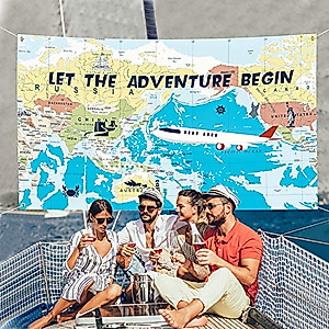 Adventure Awaits Backdrop Large Travel Theme Banner Decoration Let The Adventure Begin World Map Dessert Table Background Photobooth Prop 6 x 3.6 Feet