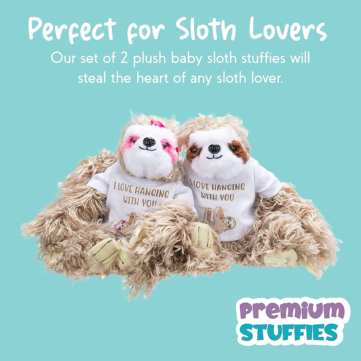 infloatables Stuffed Sloth Set of 2 - Adopt A Sloth Plush with Removable 'I Love Hanging with You' T-Shirt & Birth Certificate - Cute Stuffed Animal Sloth Gifts for Girls & Boys (Small 15 Inches)