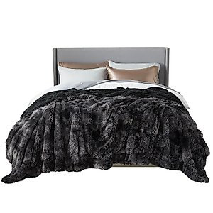 Bedsure Fluffy Tie Dye Black Blankets Queen Size for Bed, Thick Sherpa Faux Fur Fleece Fuzzy Plush Winter Warm Soft Full Queen Blankets, Bedroom Decor Black Gifts Cozy Gifts for Women Men, 90x90
