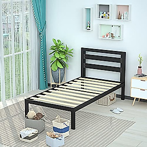 Amazon Basics Industrial Metal Bed Frame with Headboard and Wood Slats, 14 Inches High, Twin, Black
