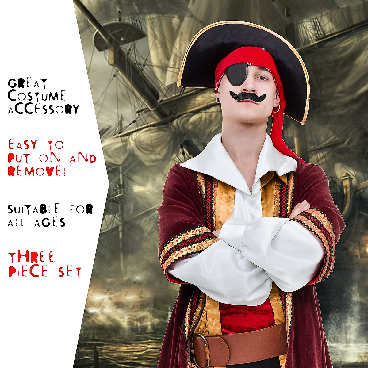 Skeleteen Self Adhesive Party Mustaches - Hairy Fake Black Sticker Mustache - 3 Piece Set