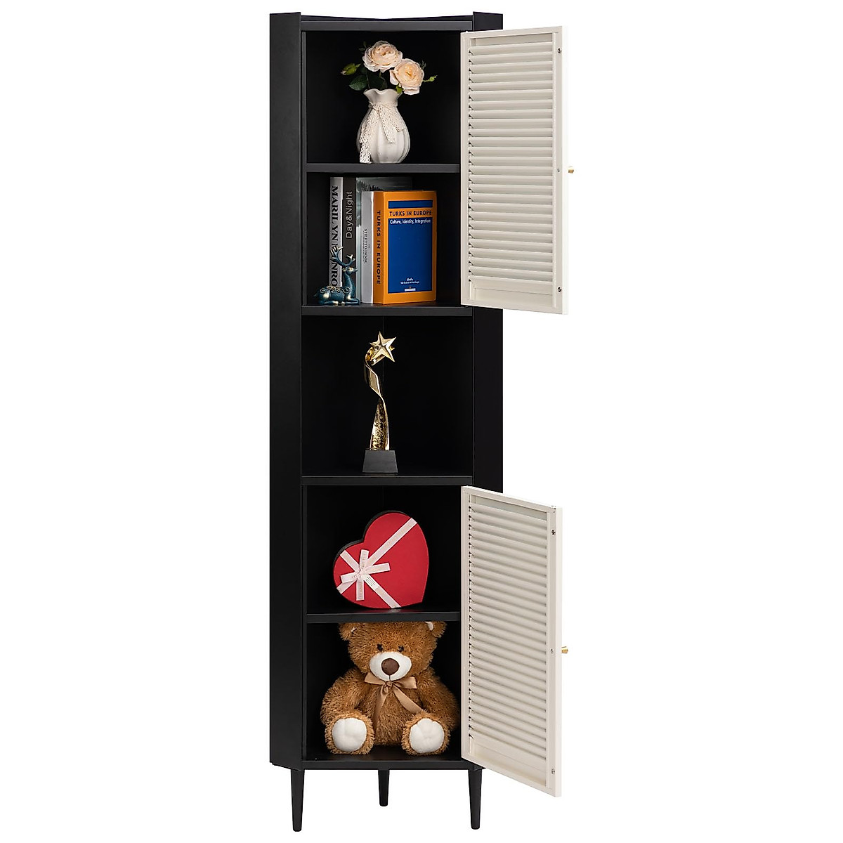 HollyHOME 68.5" Tall Corner Metal Storage Cabinet, Narrow Linen Tower Cabinet with Shelf and Shutter Door, Freestanding Floor Slim Organizer Cupboard for Living Room, Kitchen Pantry, Black&White