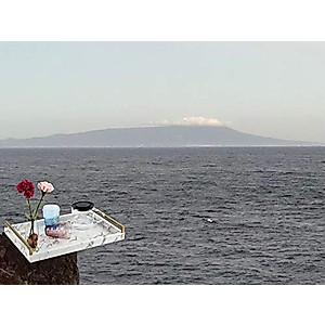 WV Coffee Table Serving Tray Faux Leather White Marble Finish with Brushed Gold Stainless Steel Handle for Living Room (White)