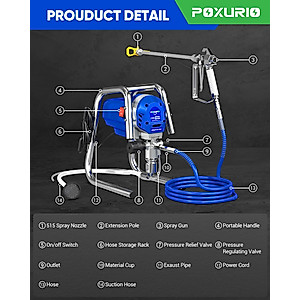 POXURIO 1200W Airless Paint Sprayer, 3300PSI High Efficiency Electric Paint Sprayer with Extension Rod, Thinning-Free Stand Airless Sprayer for Home Exterior and Interior, Garage, Deck, Furniture