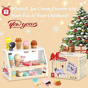 Wooden Ice Cream Toys Kids Play Store Pretend Toy for Toddlers, Play Kitchen Accessories with Scoop & Menu & Fake Money, Ideal Ice Cream Play Set Gifts for 3 4 5 6 7 8 Year Old Girls Boys