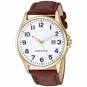 Amazon Essentials Men's Easy to Read Strap Watch, Gold-Tone and Brown Strap