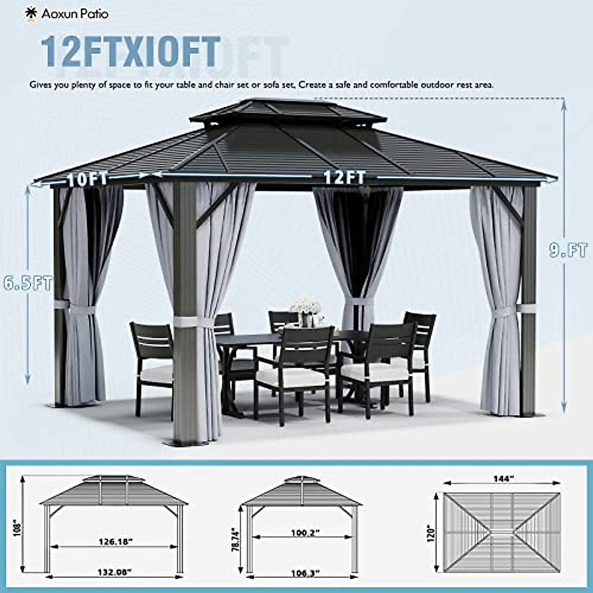 Aoxun 10'x12' Hardtop Outdoor Gazebo with Galvanized Steel Double Top Roof, Aluminum Frame Pergola with Netting and Curtains for Patios,Grey