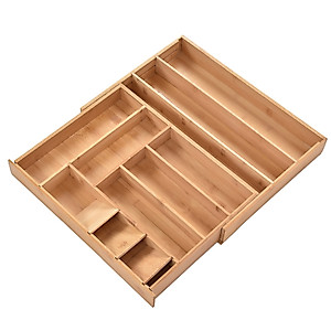 Garosa Bamboo Kitchen Drawer Organizer Expandable Drawer Organizer Adjustable Cutlery Tray Wooden Utensil Holder Multi Function Drawer Storage 9 Compartments for Silverware Knives