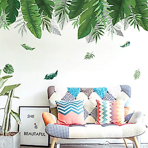 RuiHome Tropical Palm Leaves Wall Sticker Green Plants Removable Art Decal for Living Room Baby Kids Bedroom Kitchen Cafe Shops