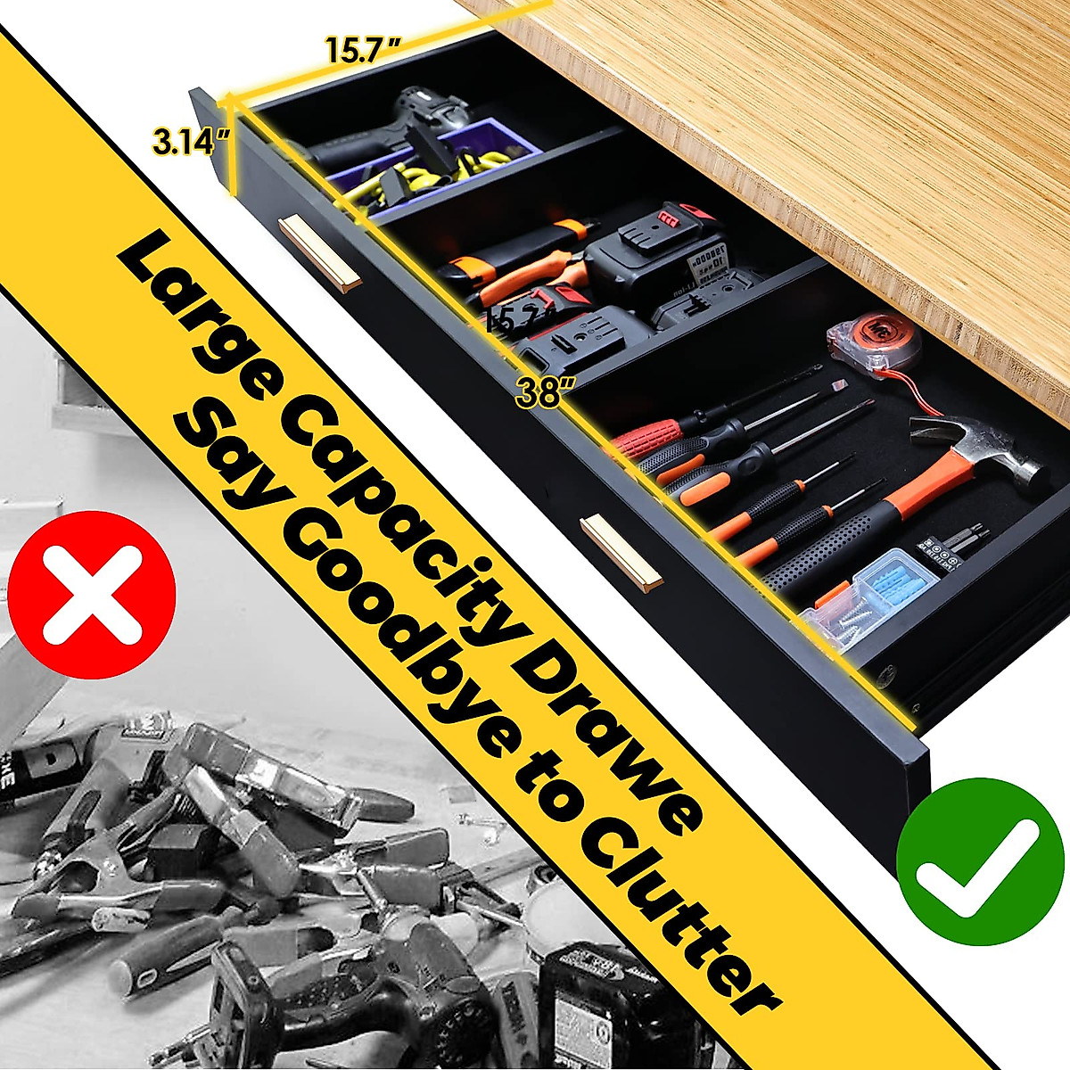 60" Height Adjustable Work Bench Table with Storage, Drawers, Wheels, Power Outlet - Heavy-Duty Garage Work Benches, 2700 LBS Load Capacity Wood Top Workbench for Workshop, Office, Home