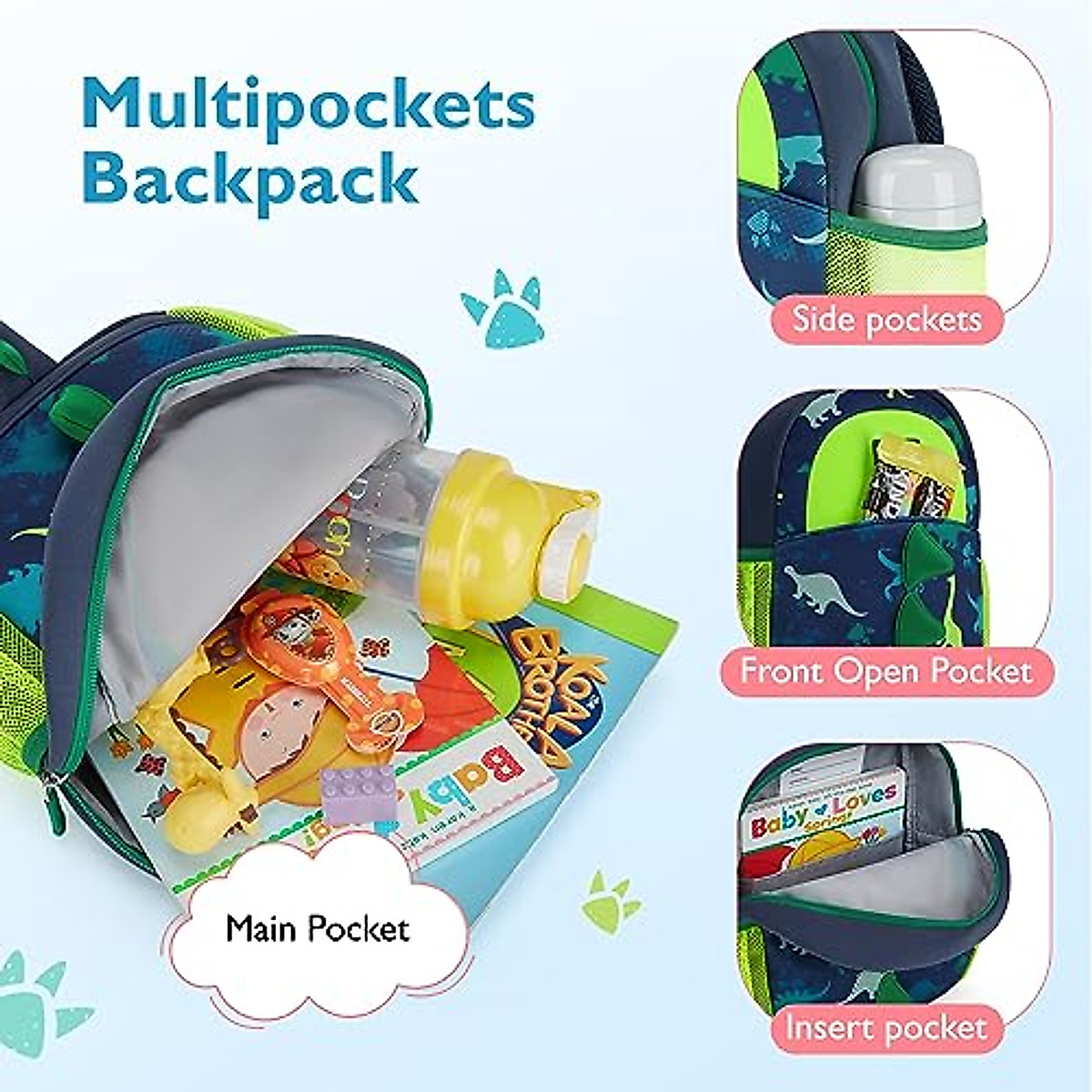 mommore Toddler Backpack, Kids Backpack with Leash, Dinosaur Backpack for Boys 2-4, Cute 3D Cartoon Preschool Kindergarten Backpacks, Green