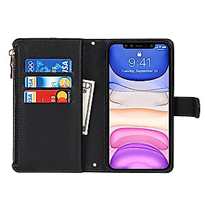 Jaorty iPhone 11 Phone Case Wallet for Women, iPhone 11 Case with Card Holder, Crossbody Case with Credit Card Holders and Slots Zipper Lanyard Strap Leather Cases for Men,6.1 Inch Black