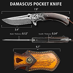 LOTHAR Damascus Pocket Knife for Men, Handmade Forged VG10 Damascus Folding Knife with Clip and Retro Leather Sheath, Men Gifts for Birthday, Anniversaries, Christmas Stocking Stuffers for Men (Black Sandalwood)