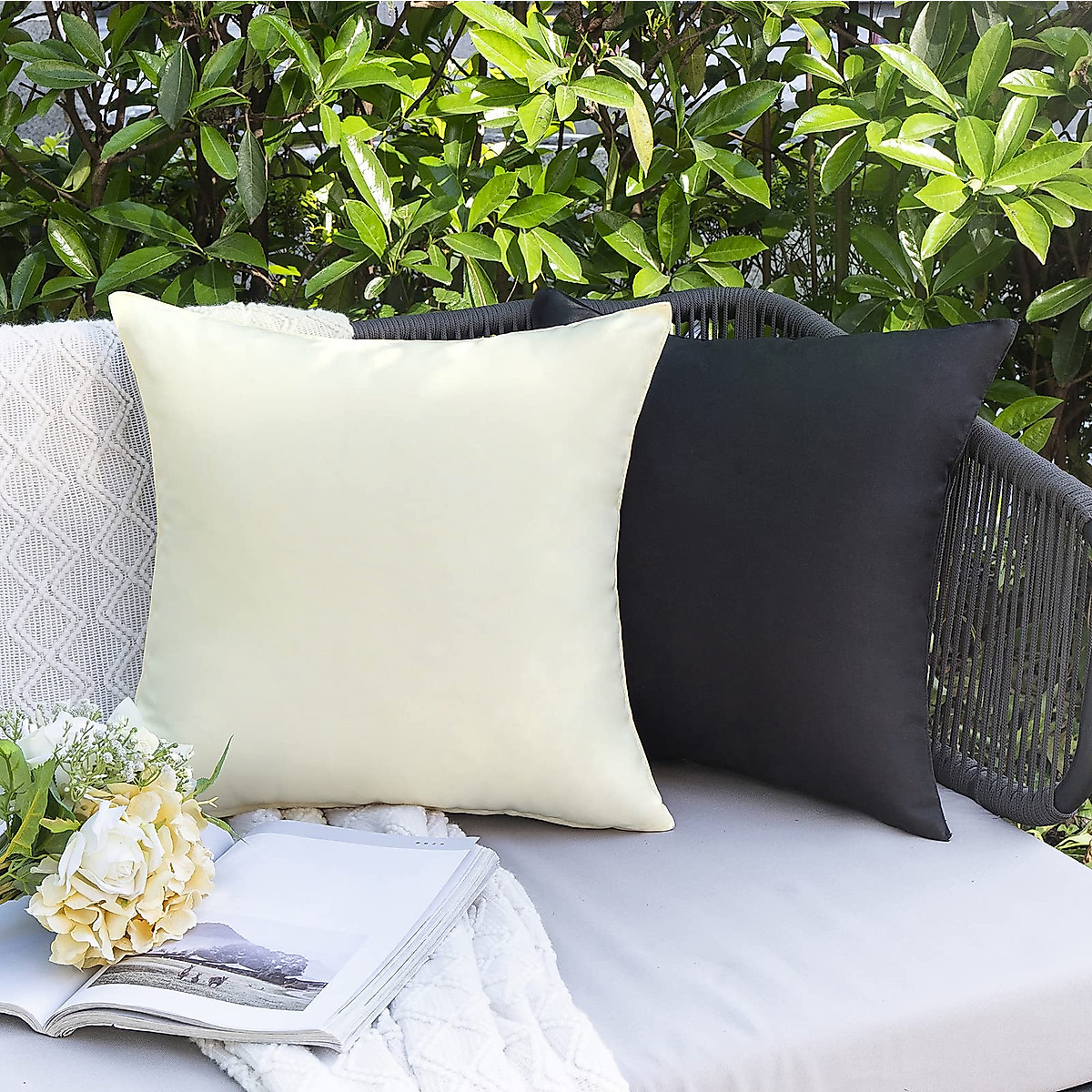 EMEMA Outdoor Waterproof Throw Pillow Covers Water Resistant Garden Chair Decorative Solid Cushion Case for Garden Couch Pet Sofa Home Decoration 20x20 Inches 50x50 cm Black, Pack of 2