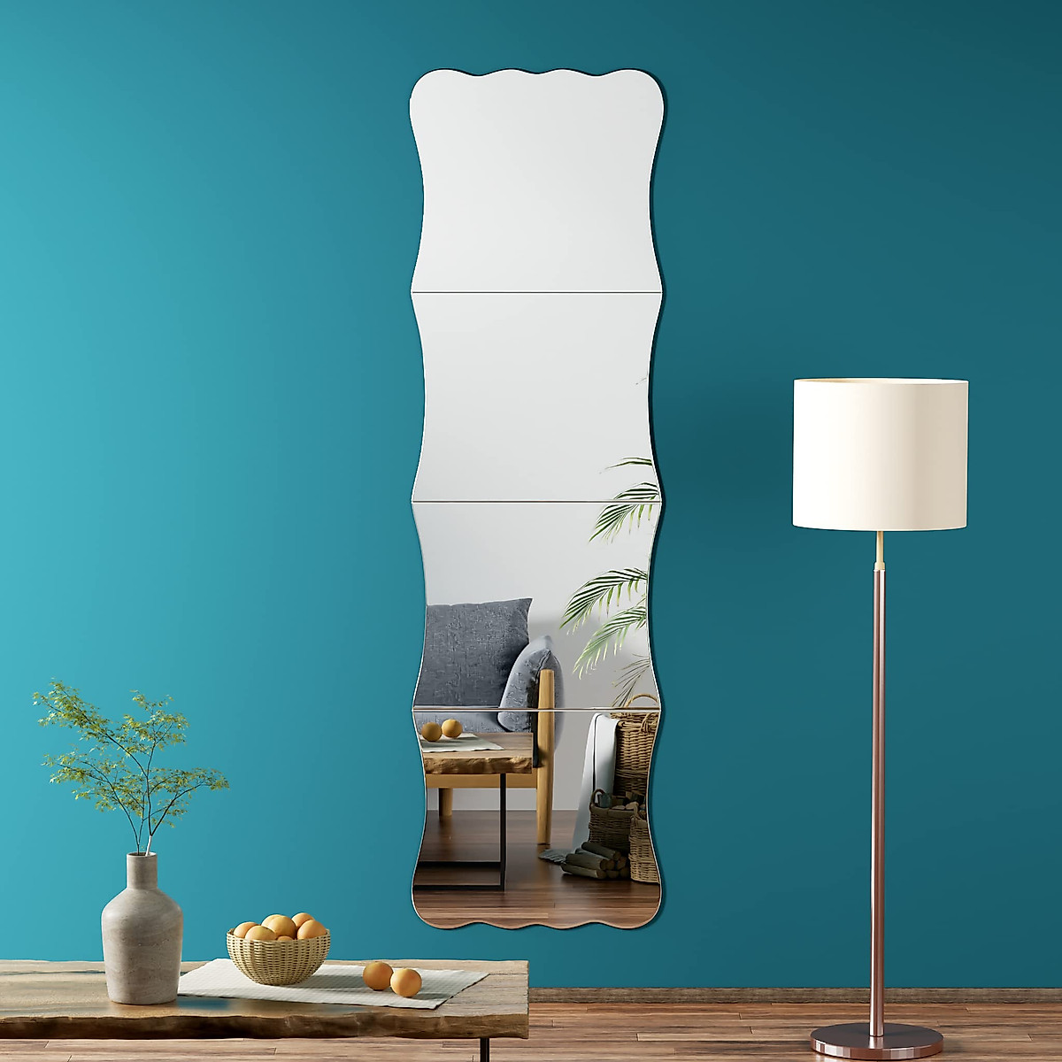 Doeean Wavy Full Length Shatterproof Acrylic Wall Mirror Tiles 47" x 14"(4 Pcs 12"x14"), Non-Glass Safety Body Mirror for Baby Kids Playroom, Frameless Dorm Door Gym