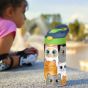Cute Kittens Water Bottle with Straw Lid for Kids, Insulated Stainless Steel Thermoses for School Boys Girls, 12oz
