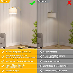 Boncoo LED Floor Lamp Fully Dimmable Modern Standing Lamp Arc Floor Lamp with Adjustable Drum Shade, Golden Tall Pole Reading Lamp Corner Light for Living Room Bedroom Study Room, 8W LED Bulb Included