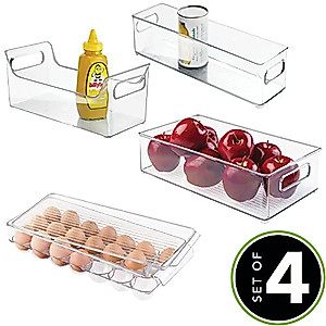 mDesign Plastic Kitchen Pantry Cabinet, Refrigerator, Freezer Food Storage Organizer Bin - for Fruit, Drinks, Snacks, Eggs, Pasta - Combo Includes Bins, Condiment Caddy, Egg Holder - Set of 4 - Clear